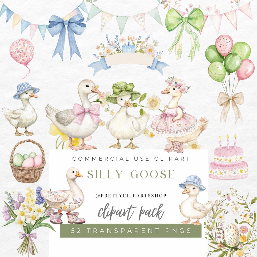 Silly Goose Watercolor Clipart: Spring Cottagecore PNG (digital ...