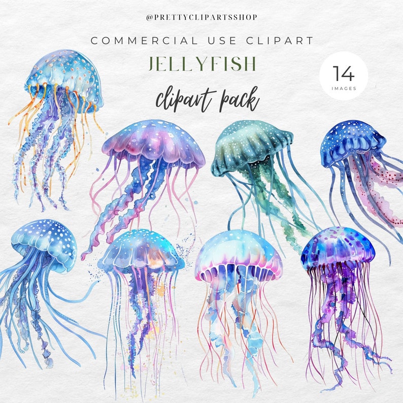 Watercolor Jellyfish Clipart for Commercial Use, Nautical Clipart, Sea ...