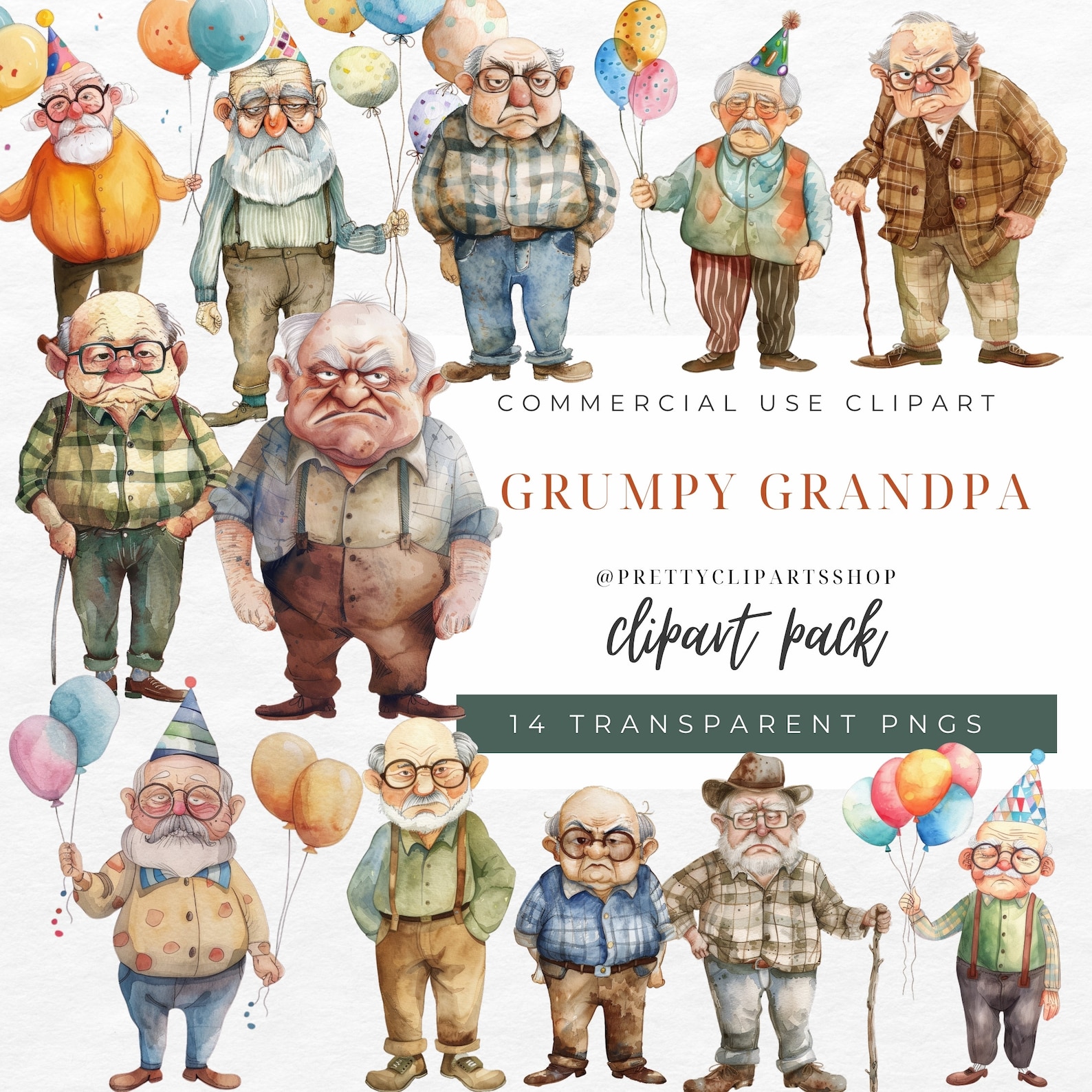 Grumpy Grandpa Watercolor Clipart Grumpy Old Man Angry Man Grandfather ...