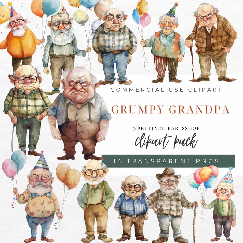 Grumpy Grandpa Watercolor Clipart Grumpy Old Man Angry Man Grandfather ...