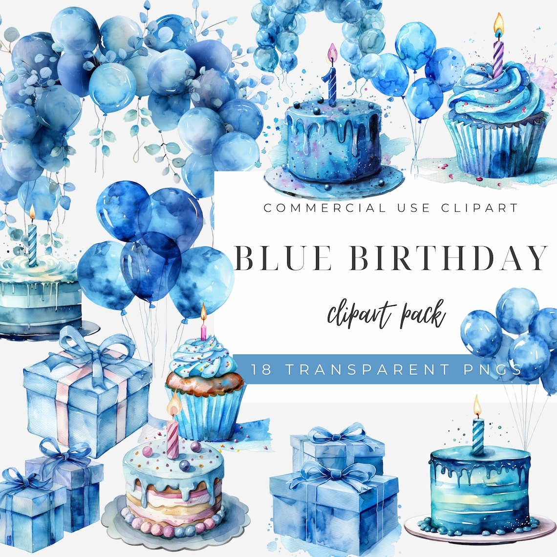 Blue Birthday Clipart Set, Watercolor Cake & Balloons, Instant Download ...