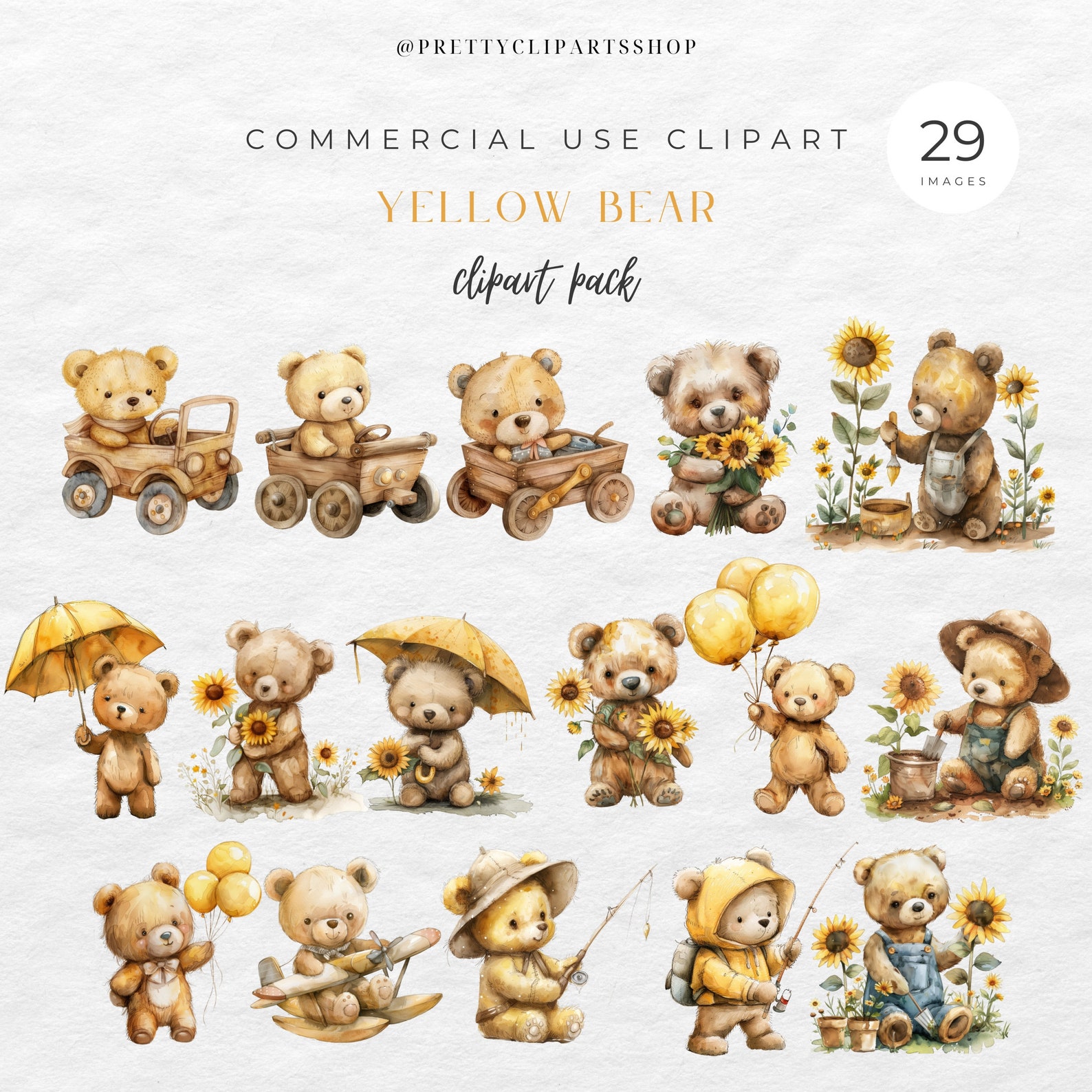 Yellow Teddy Bear Clipart, Watercolor Teddy Bear, Baby Shower Clipart ...