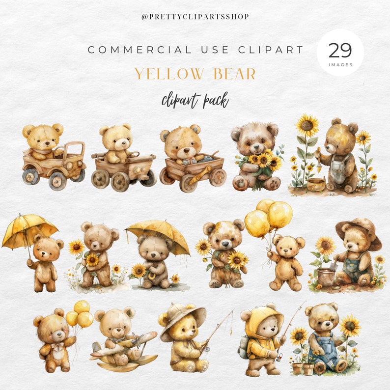 Yellow Teddy Bear Clipart, Watercolor Teddy Bear, Baby Shower Clipart ...