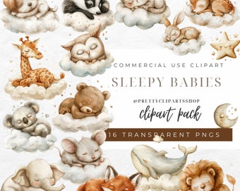 Watercolor Sleeping Animals Clipart PNG - Nursery Decor Graphics ...