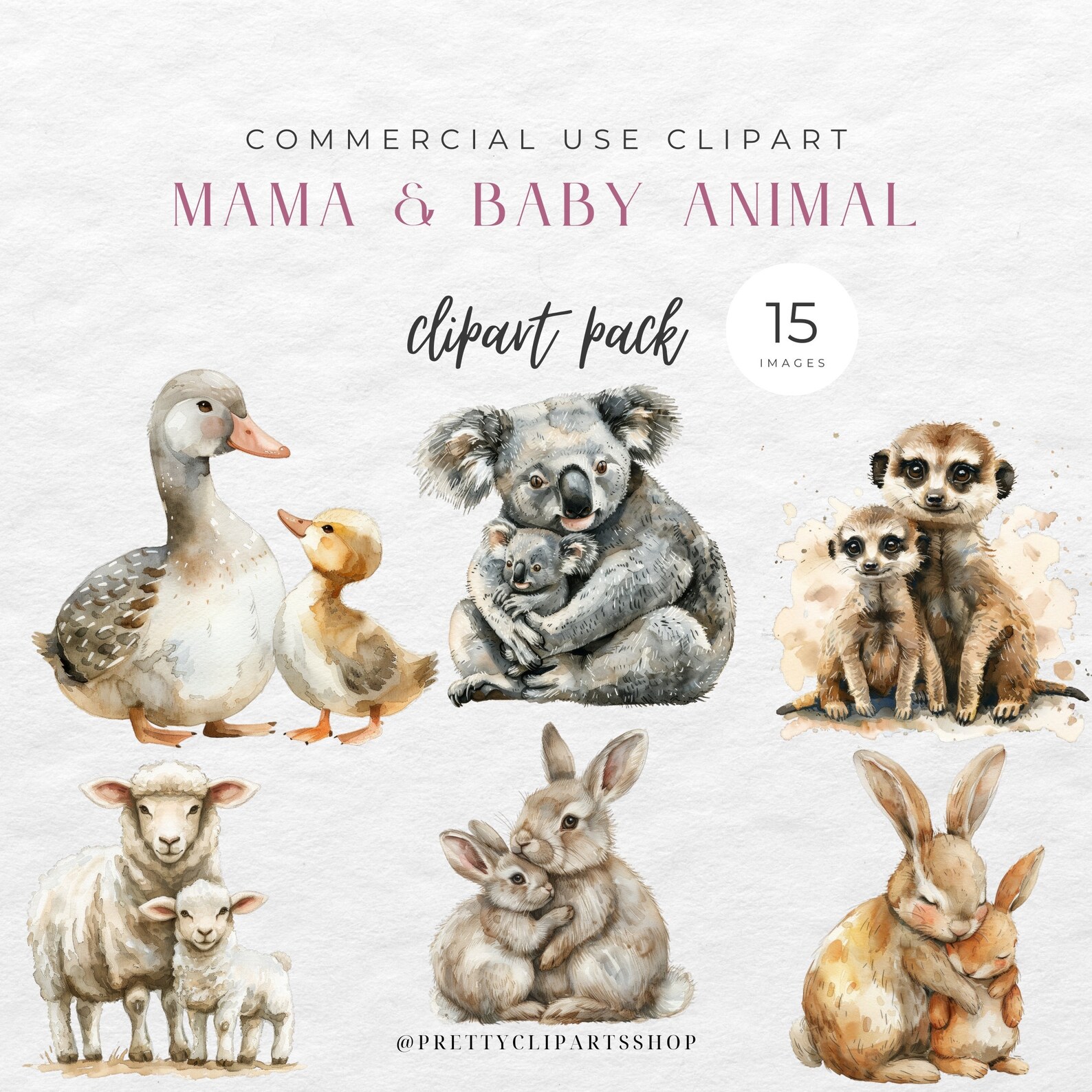Watercolor Mama and Baby Animal Clipart, Baby Animals, Cute Animal PNG ...