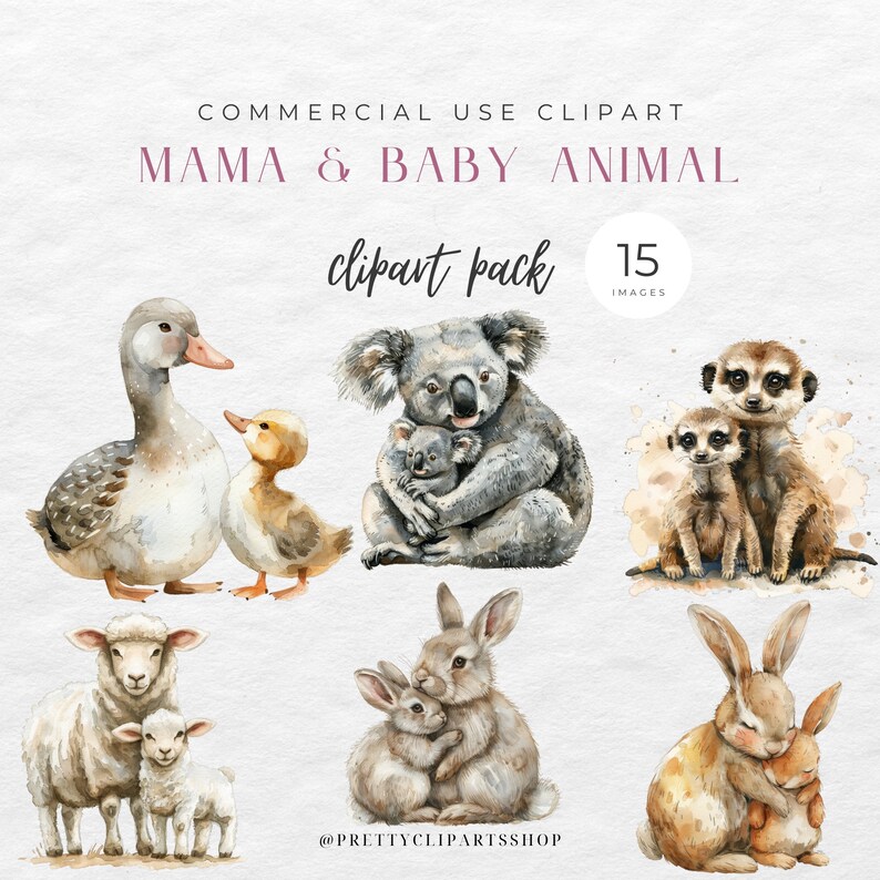 Watercolor Mama and Baby Animal Clipart: Woodland PNG (digital Download ...