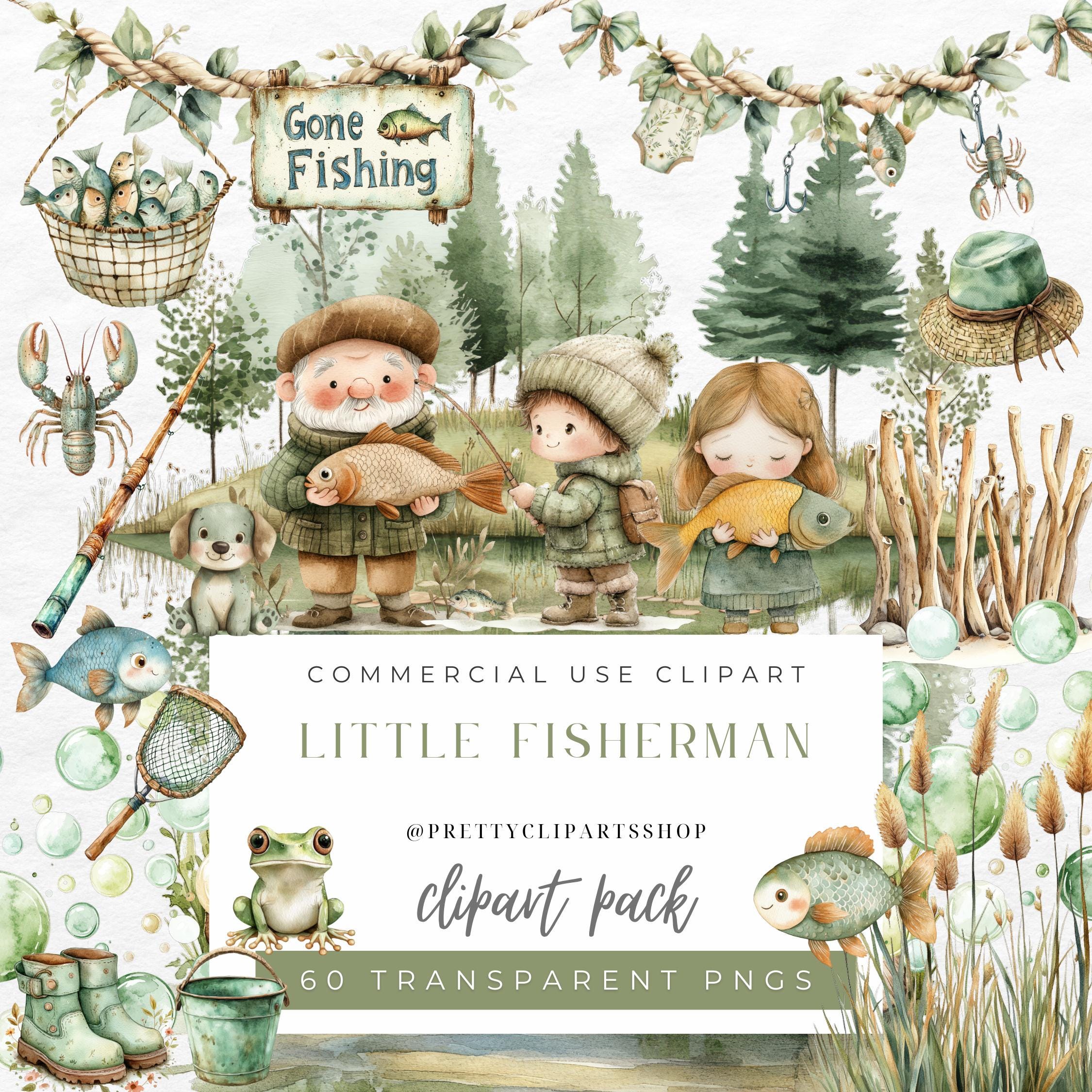 Little Fisherman Watercolor Clipart: Fishing Theme (PNG Digital ...