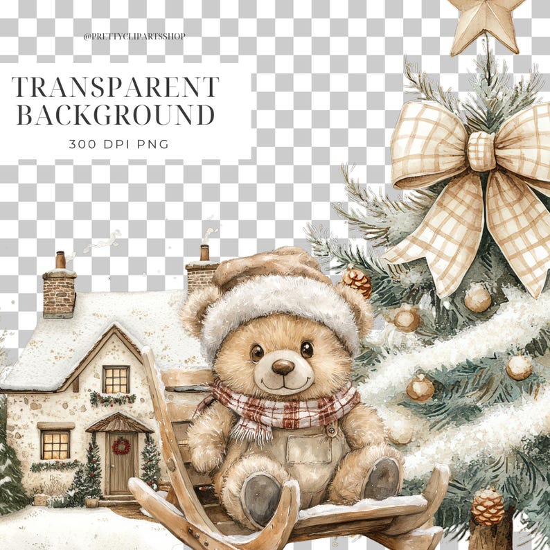 Rustic Christmas Teddy Bear Clipart: Beige Watercolor PNG (commercial ...