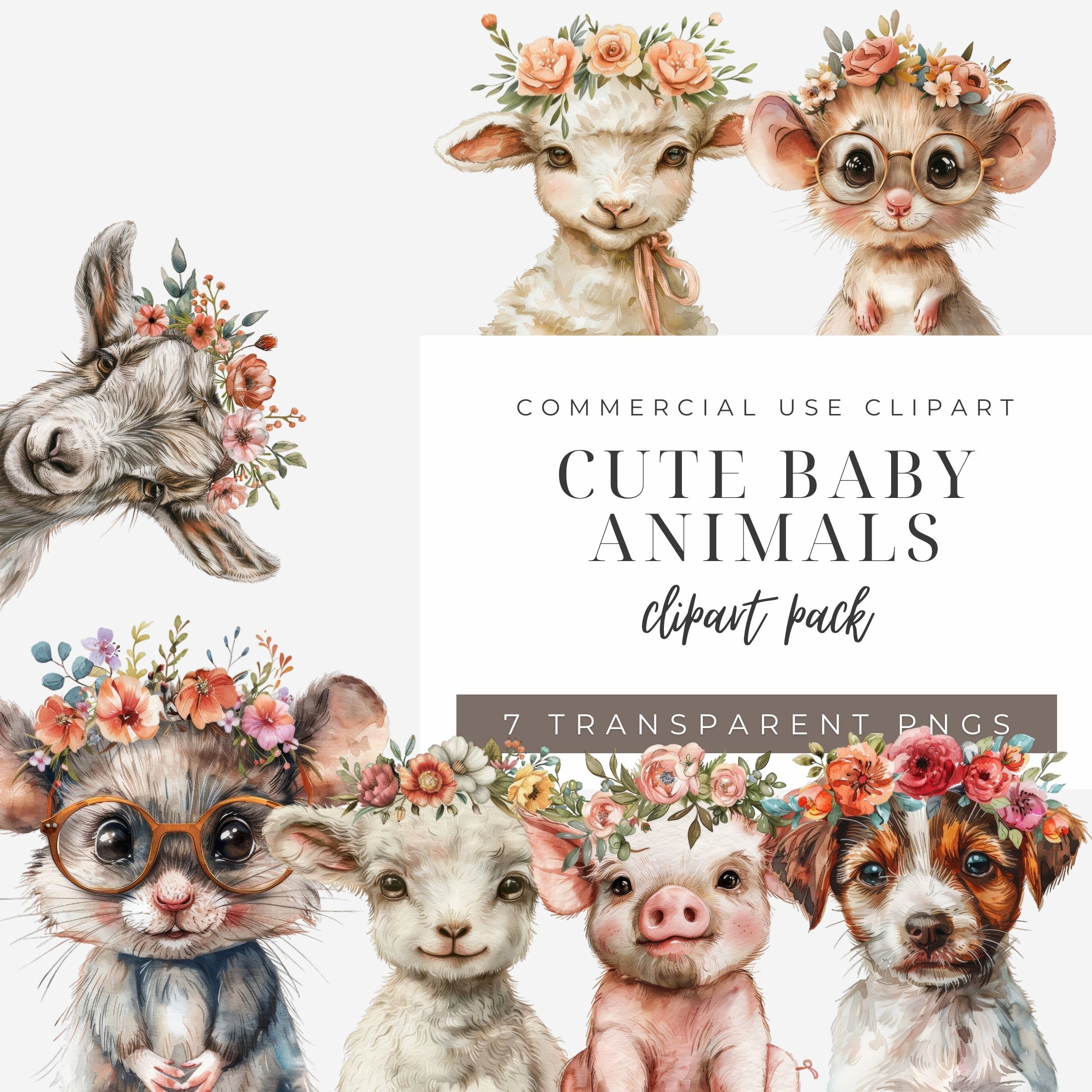 Watercolor Farm Animal Clipart: Baby Nursery PNG Bundle (commercial Use ...