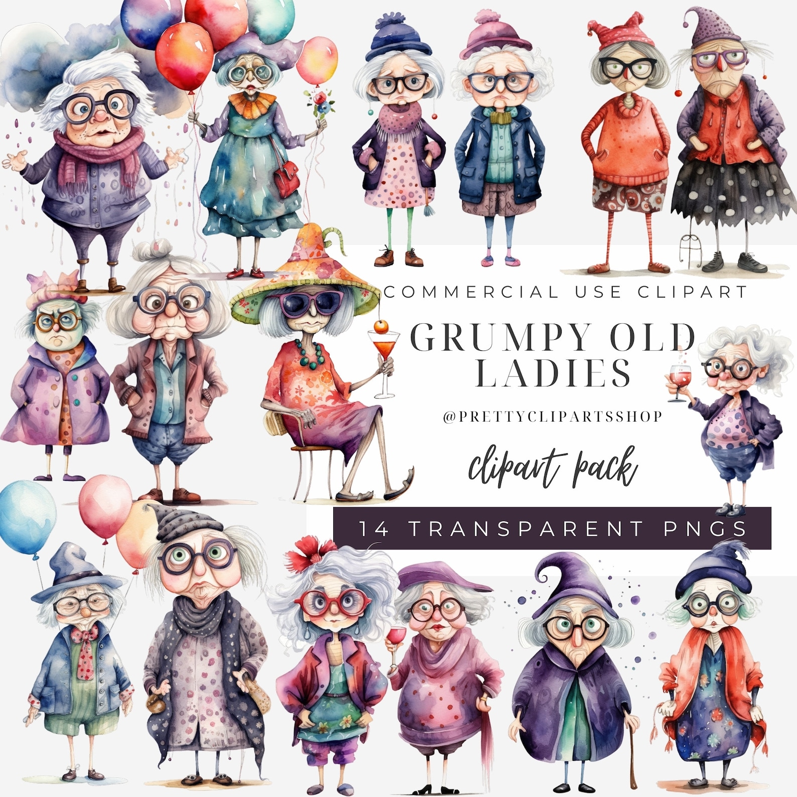Grumpy Old Lady Clipart, Quirky Granny PNG, Commercial Use, Watercolor ...
