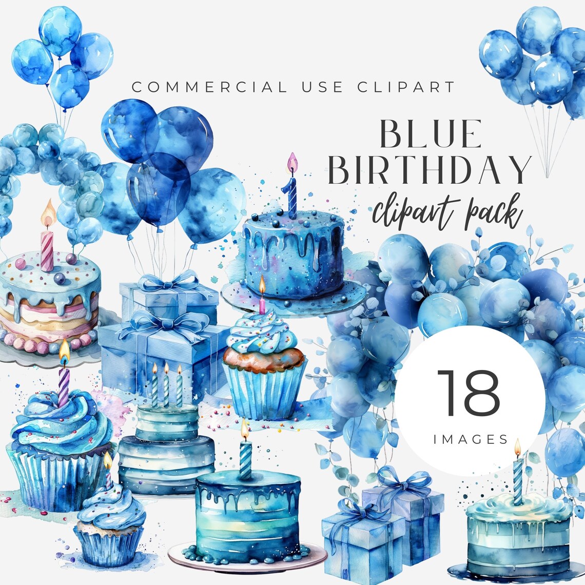 Blue Birthday Clipart Set, Watercolor Cake & Balloons, Instant Download ...
