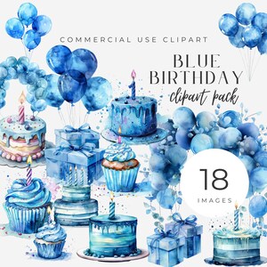 Blue Birthday Clipart Set, Watercolor Cake & Balloons, Instant Download ...