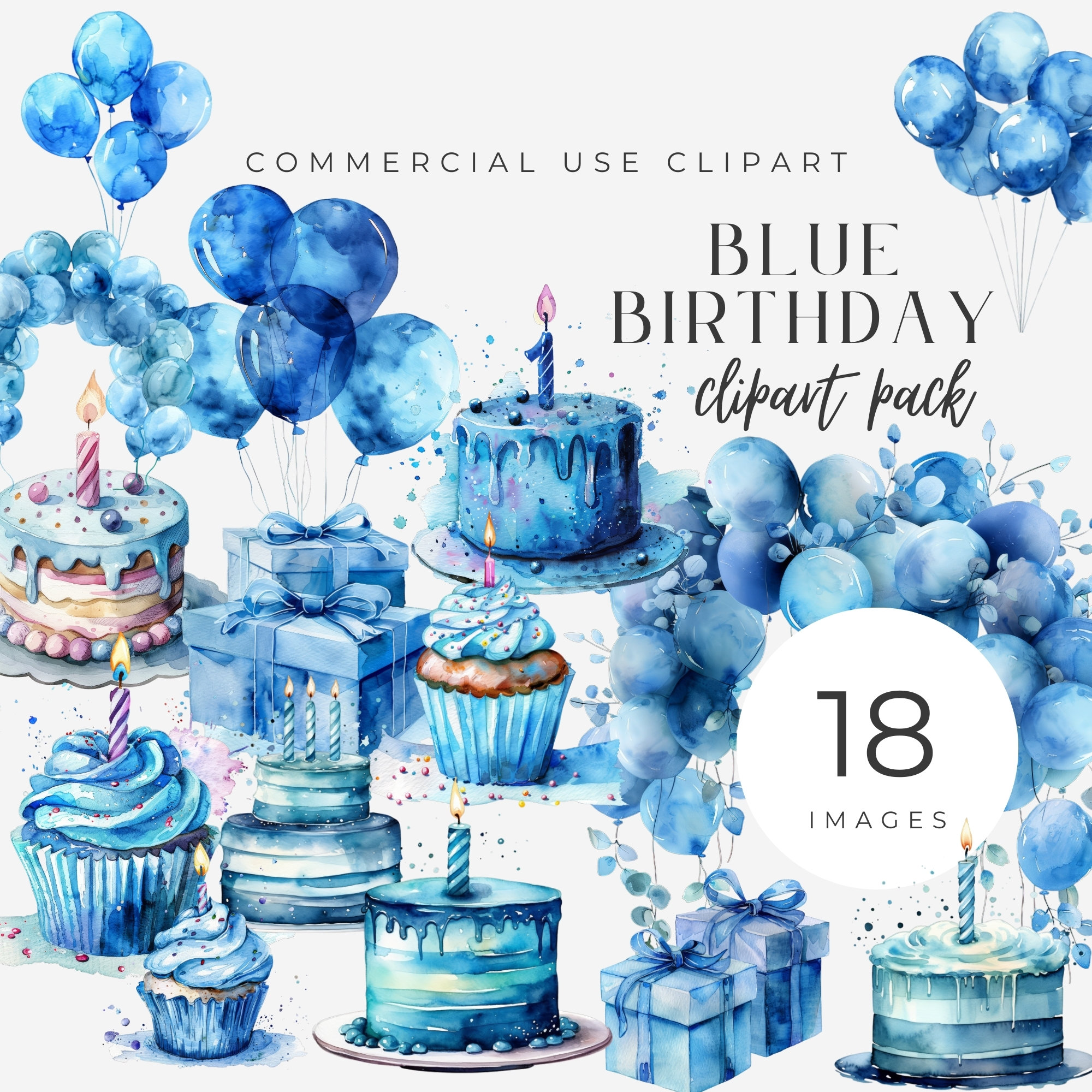 Blue Birthday Clipart Set, Watercolor Cake & Balloons, Instant Download ...