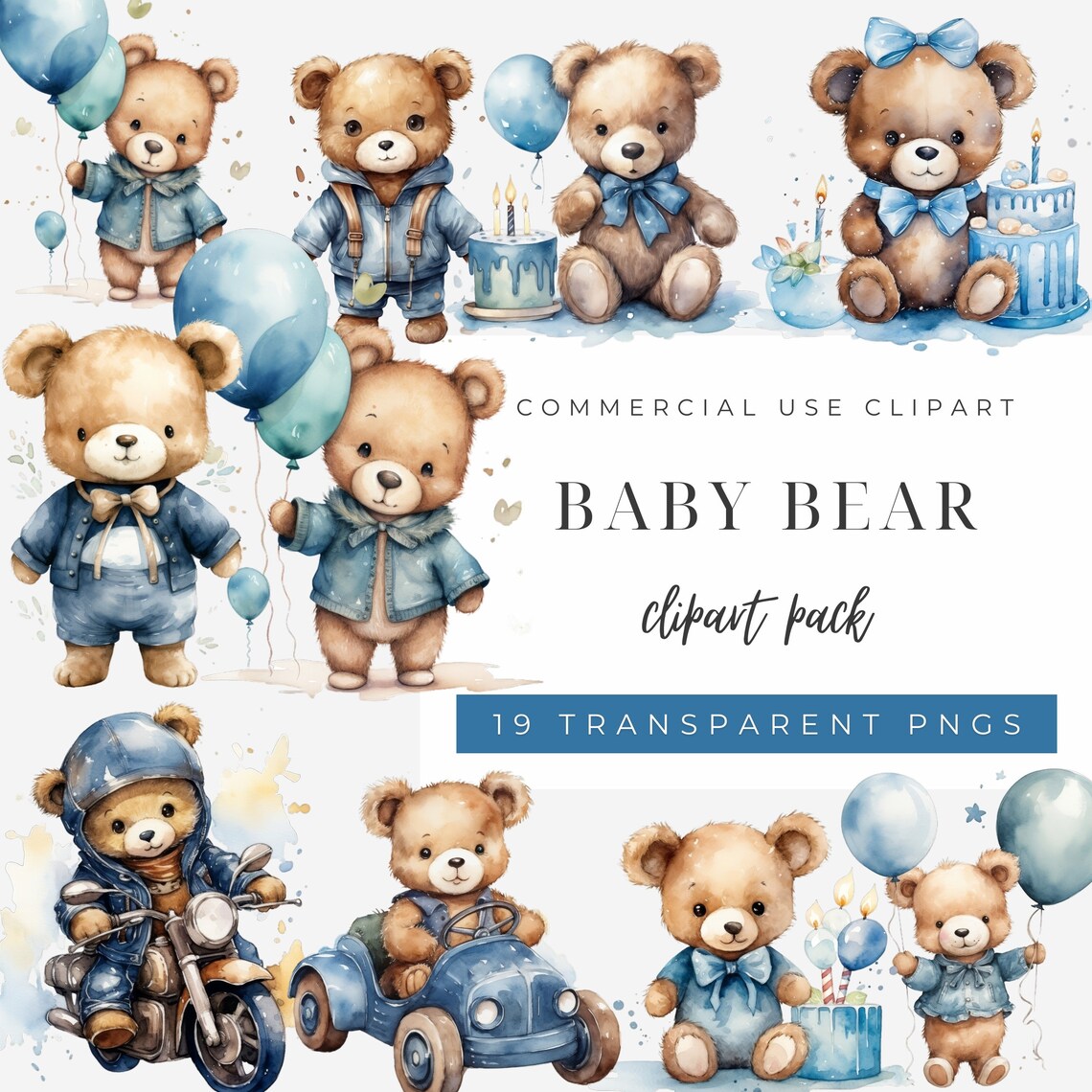 Baby Bear Clipart Blue Watercolor Nursery Clipart for Commercial Use ...