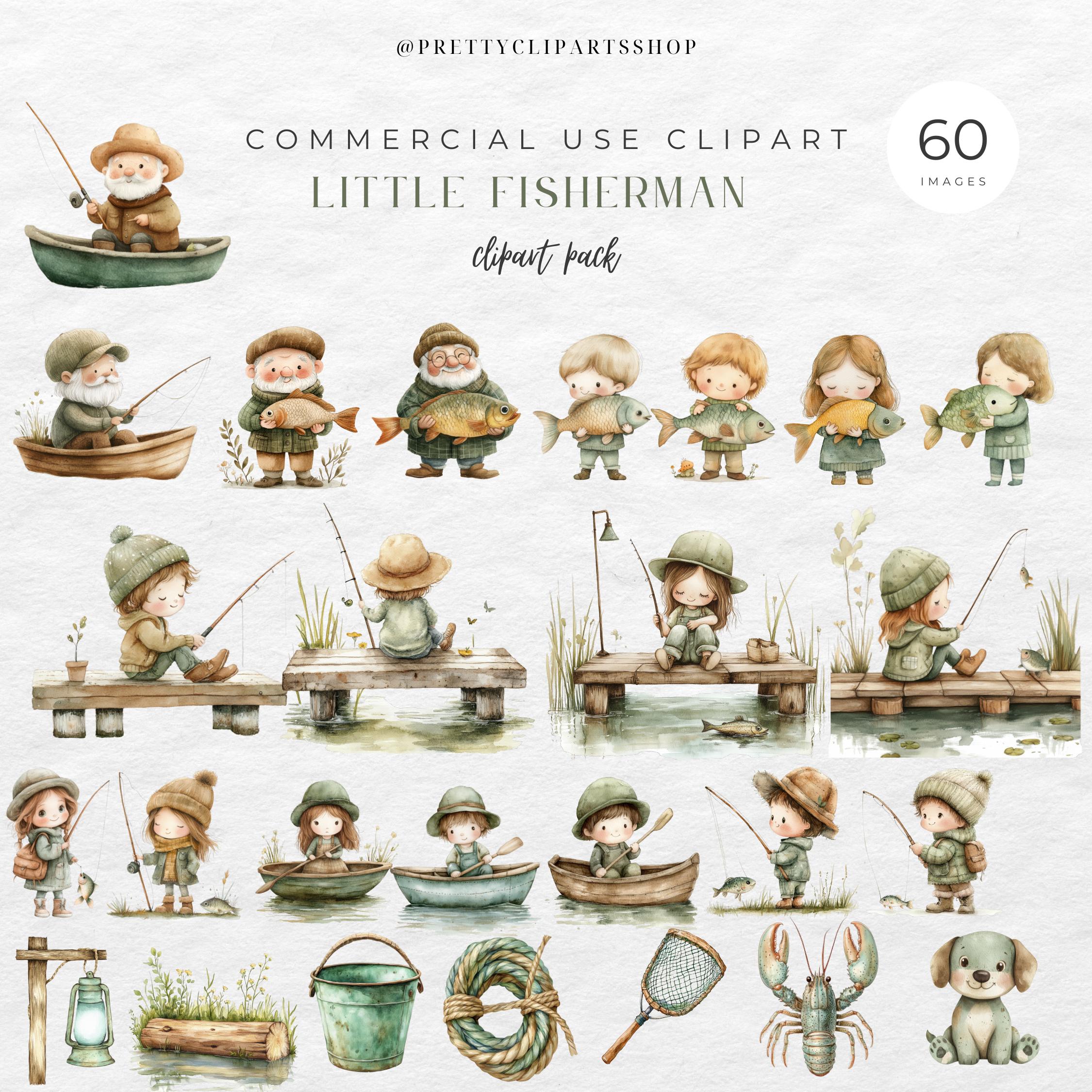Little Fisherman Watercolor Clipart: Fishing Theme (PNG Digital ...