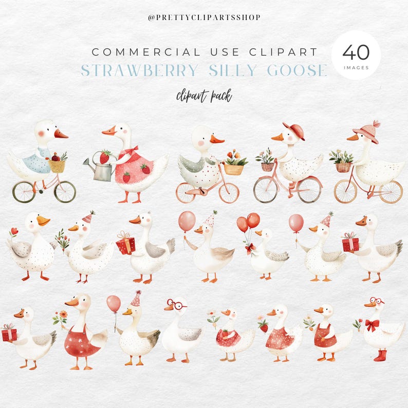 Strawberry Goose Watercolor Clipart: Birthday Party Animals (PNG ...