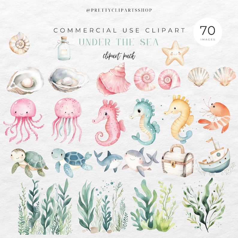 Watercolor Under the Sea Clipart Bundle: Ocean Animals PNG (digital ...
