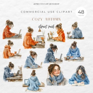 Cozy Planner Clipart, Watercolor Cozy Fall Clipart Bundle, Bookworm ...