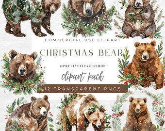Watercolor Christmas Bear Clipart: Boho Woodland Animals (PNG) - Etsy