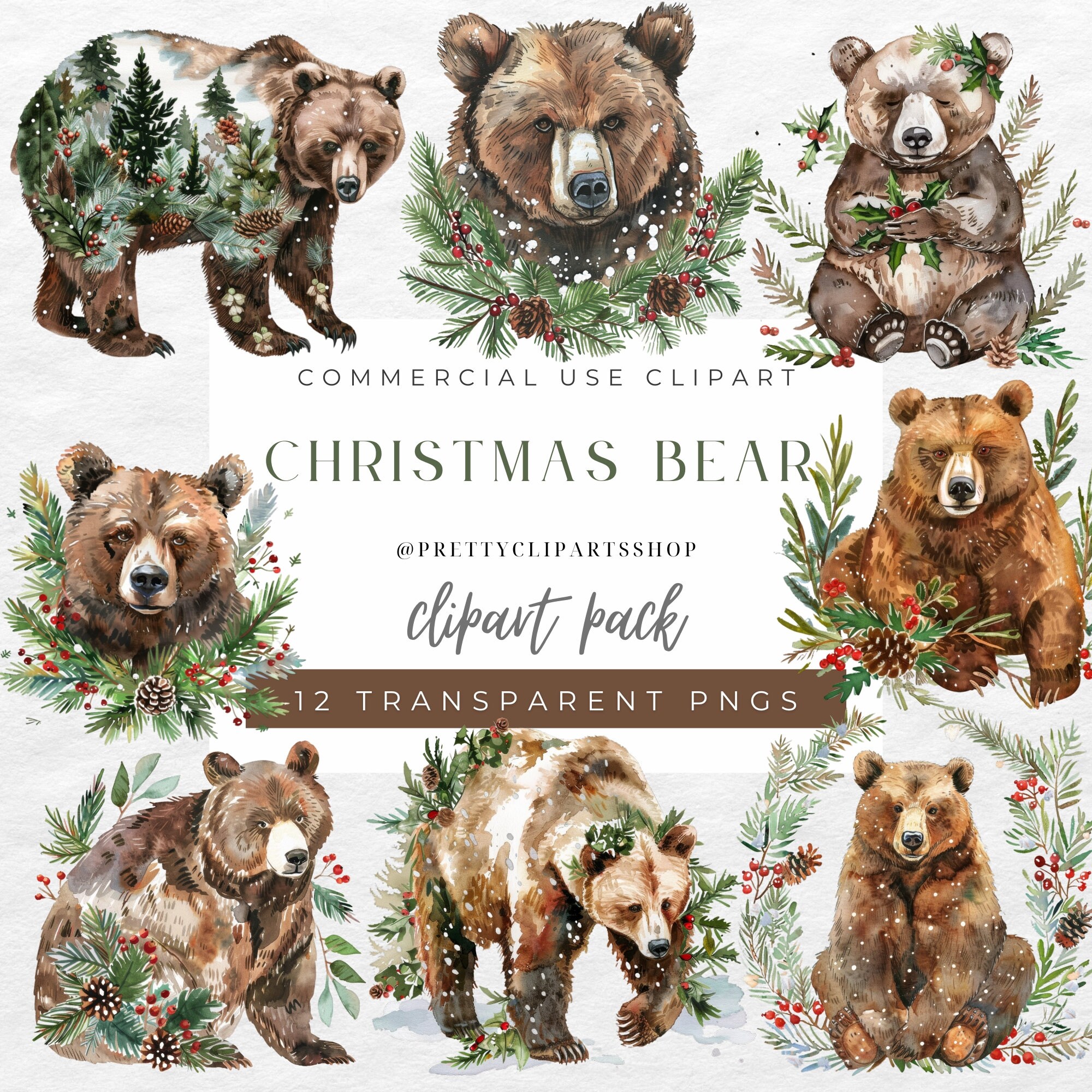 Watercolor Christmas Bear Clipart: Boho Woodland Animals (PNG) - Etsy