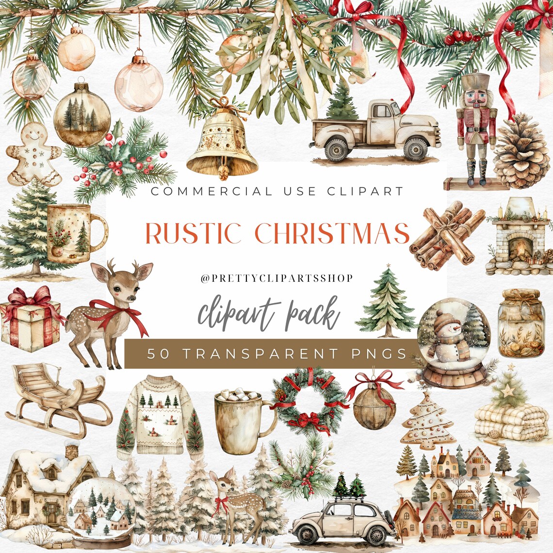 Rustic Christmas Clipart Bundle: Watercolor Ornaments, Wreaths (PNG) - Etsy