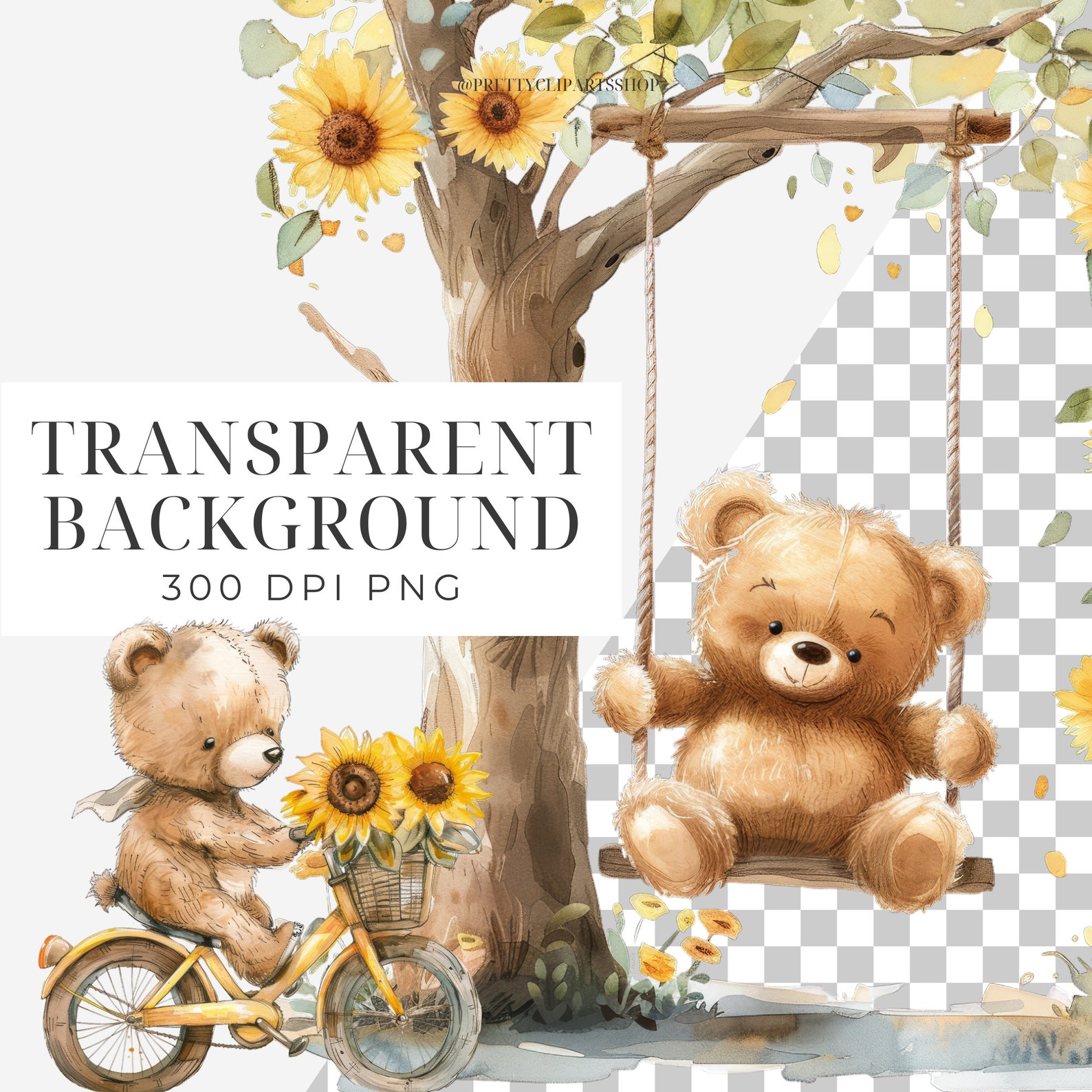 Yellow Teddy Bear Clipart, Watercolor Teddy Bear, Baby Shower Clipart ...