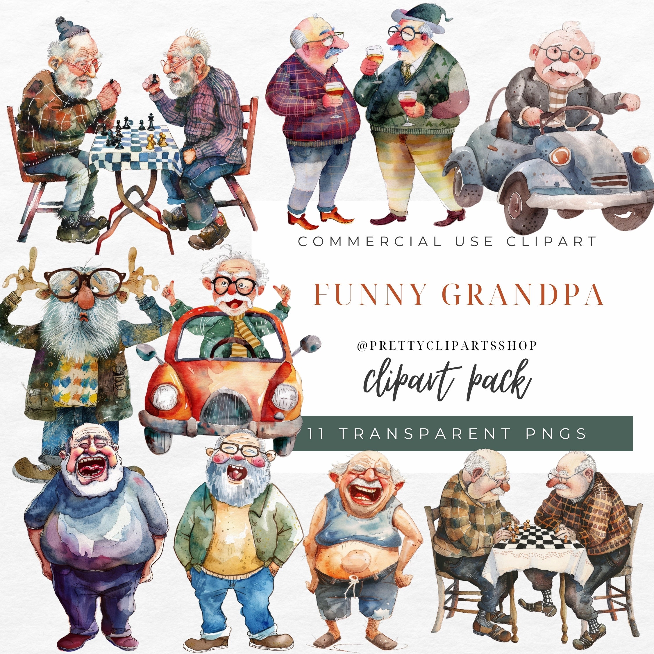 Funny Old People Bundle PNG Watercolor Clipart Set for Commercial Use ...