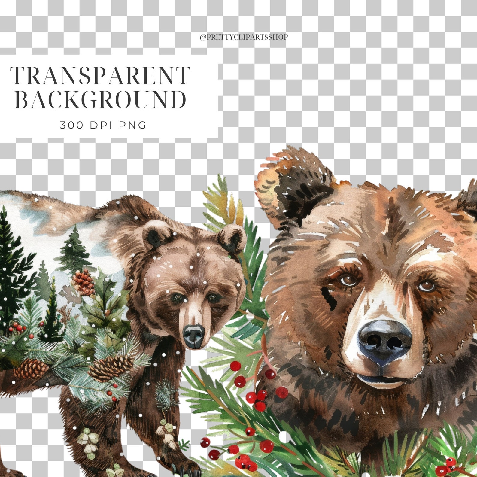 Watercolor Christmas Bear Clipart: Boho Woodland Animals (PNG) - Etsy