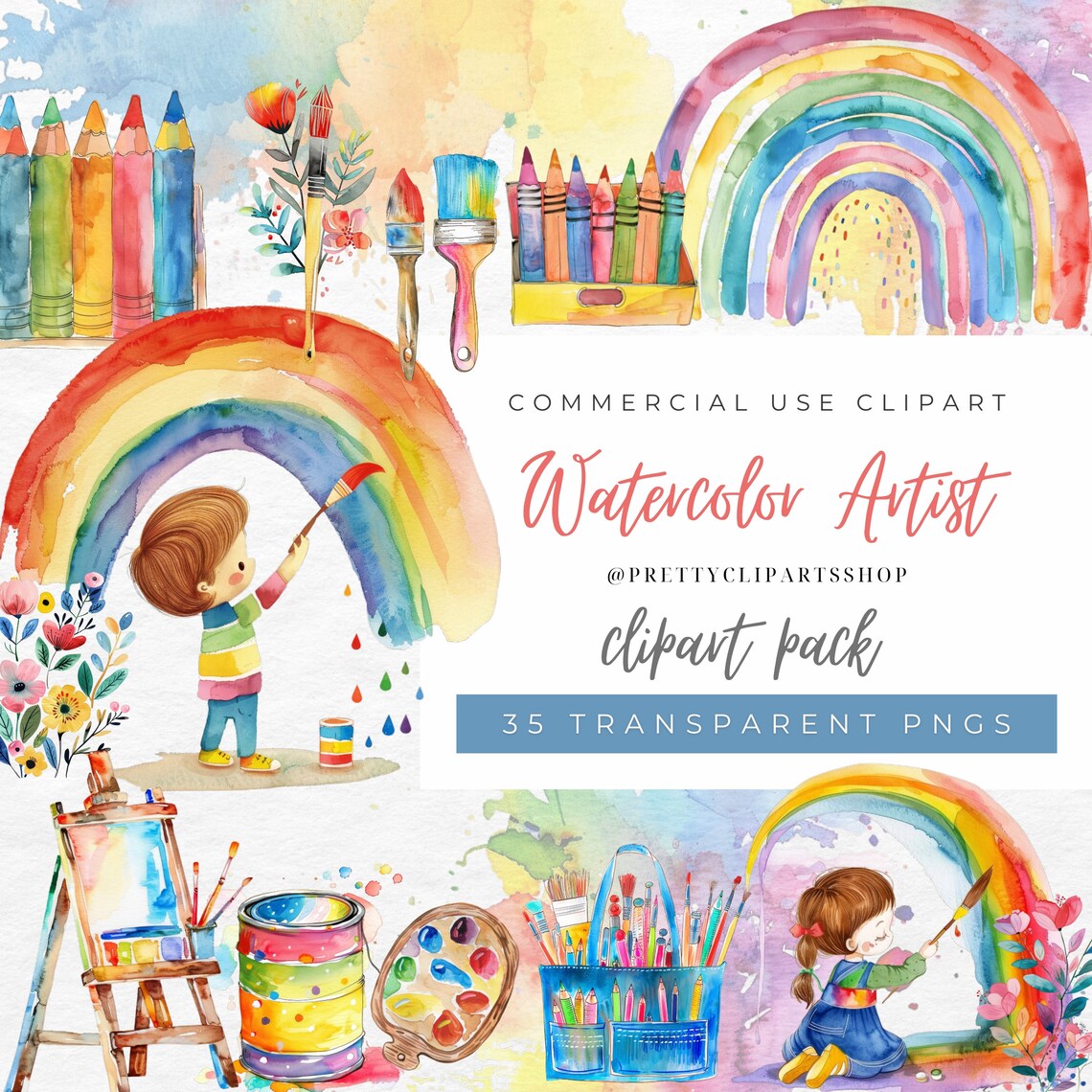 Watercolor Artist Clipart Bundle Set for Commercial Use, Crayons ...