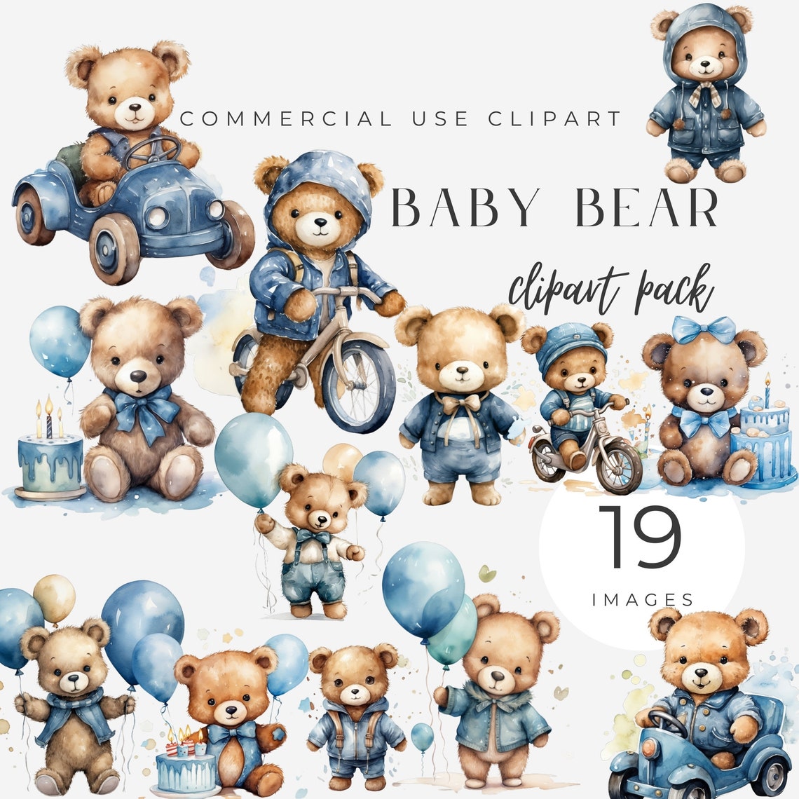 Baby Bear Clipart Blue Watercolor Nursery Clipart for Commercial Use ...