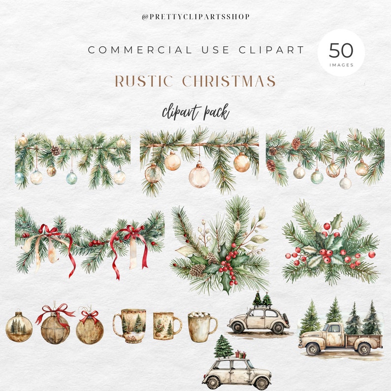 Rustic Christmas Clipart Bundle: Watercolor Ornaments, Wreaths (PNG) - Etsy