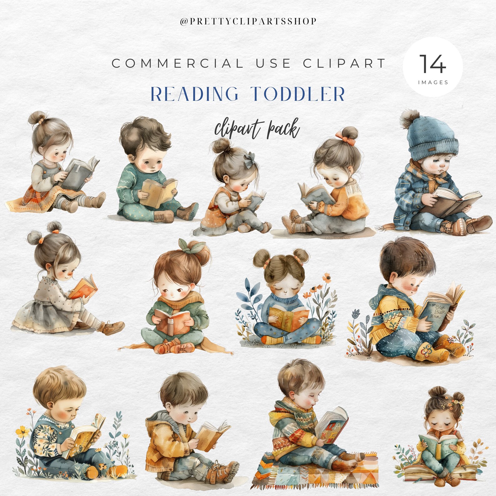 Watercolor Toddler Reading Book Clipart for Commercial Use Booklover ...