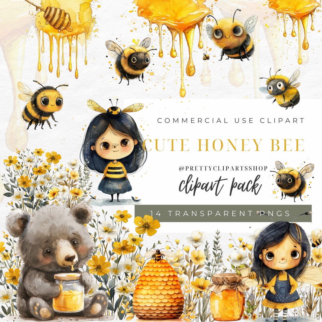 Watercolor Honey Bee Clipart, Cute Honey Bear, Commercial Use, Nursery ...