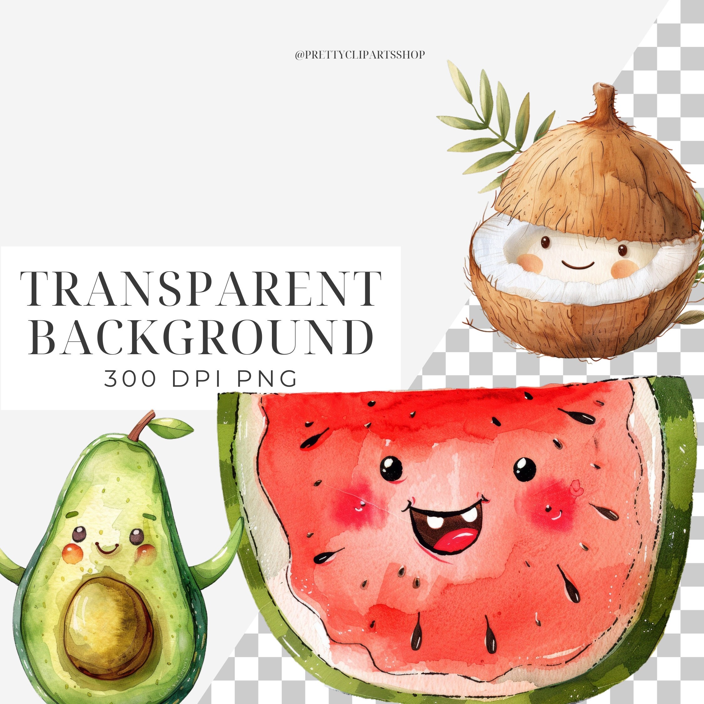 Funny Fruits Watercolor Clipart PNG Bundle, Kawaii Fruit Clipart, Cute ...