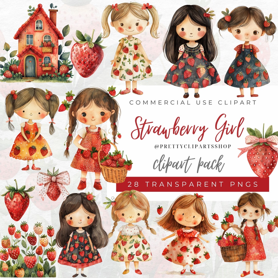Watercolor Strawberry Girl Clipart: Summer Graphics Bundle (digital ...