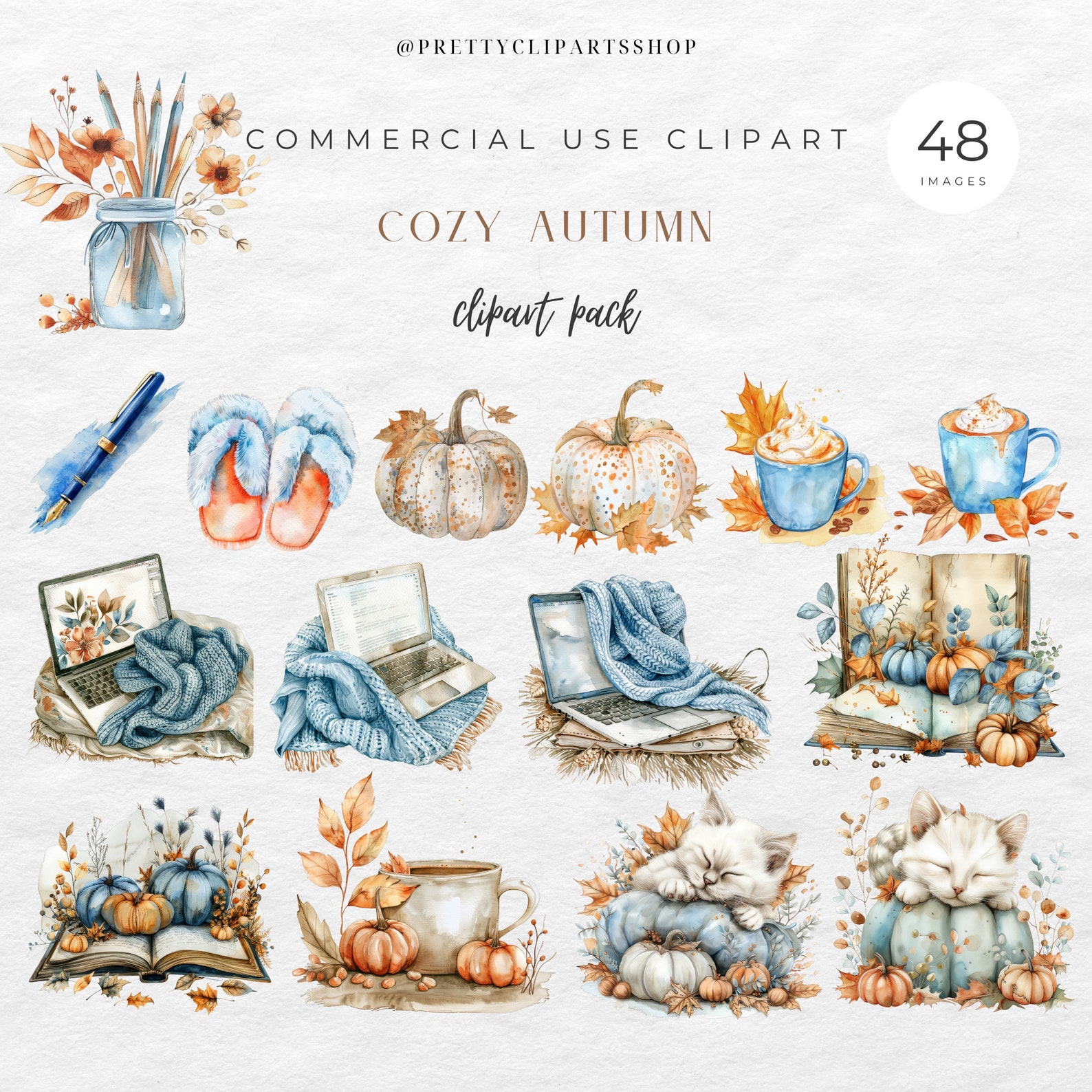 Cozy Planner Clipart, Watercolor Cozy Fall Clipart Bundle, Bookworm ...
