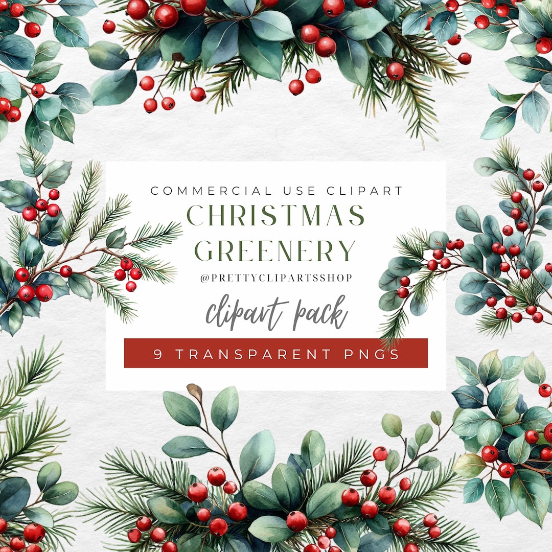 Watercolor Christmas Greenery Clipart: Holiday Foliage PNG (digital ...