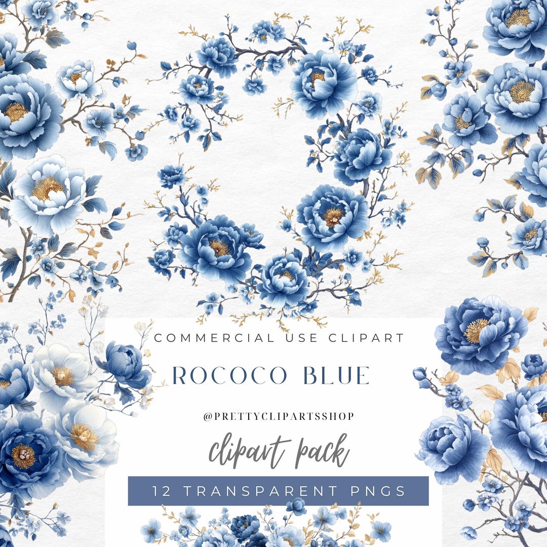 Blue Rococo Florals PNG Clipart Botanical Illustration Vintage Blue ...