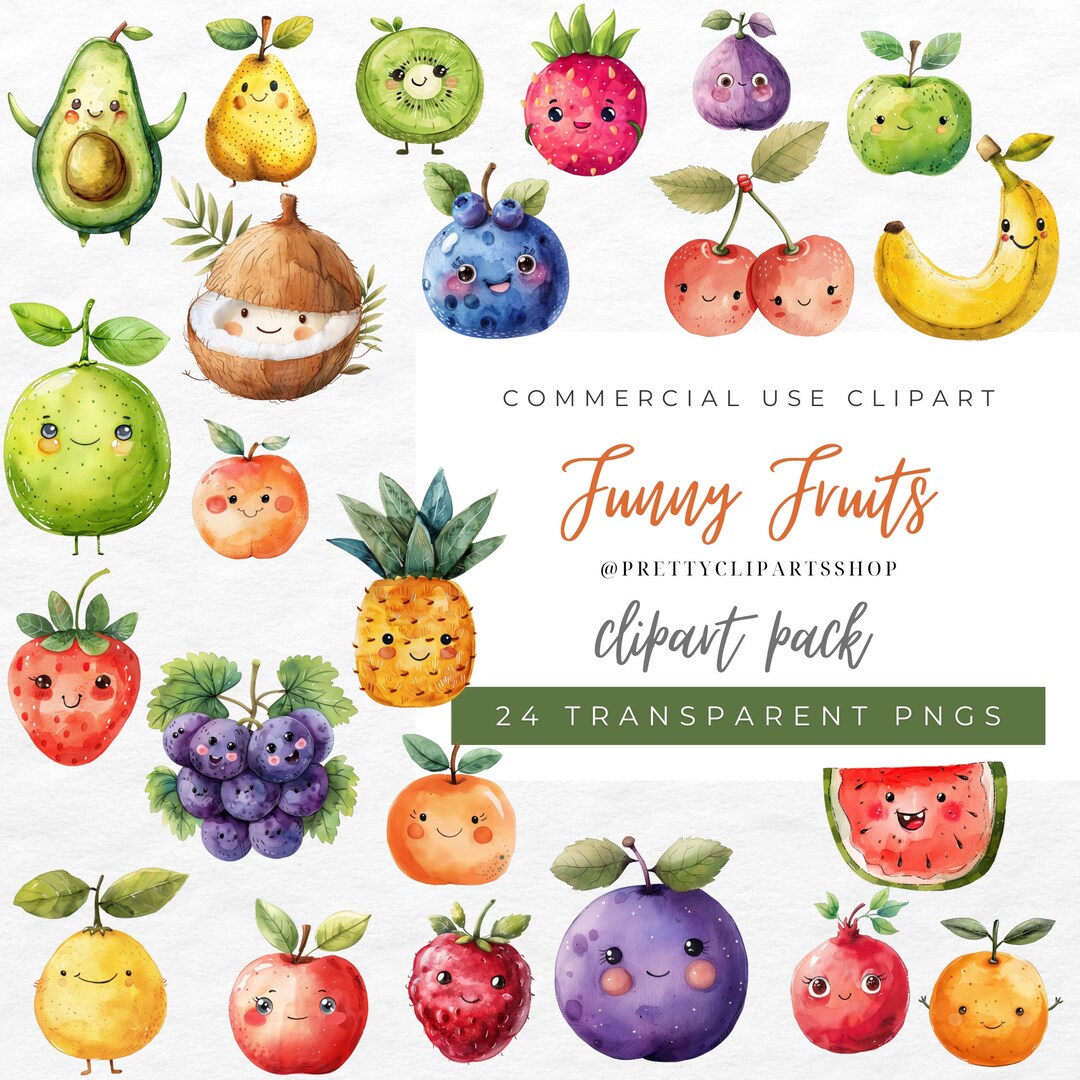 Funny Fruits Watercolor Clipart PNG Bundle, Kawaii Fruit Clipart, Cute ...
