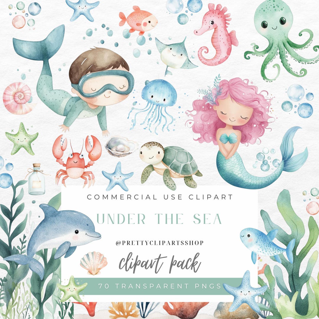Watercolor Under the Sea Clipart Bundle: Ocean Animals PNG (digital ...