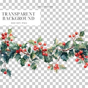 Watercolor Christmas Holly Clipart, Christmas Wreath PNG, Commercial ...