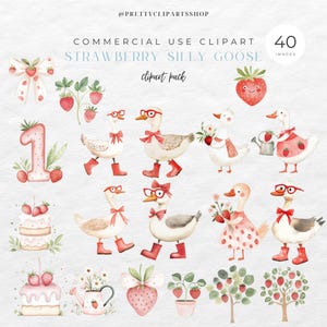 Strawberry Goose Watercolor Clipart: Birthday Party Animals (PNG ...