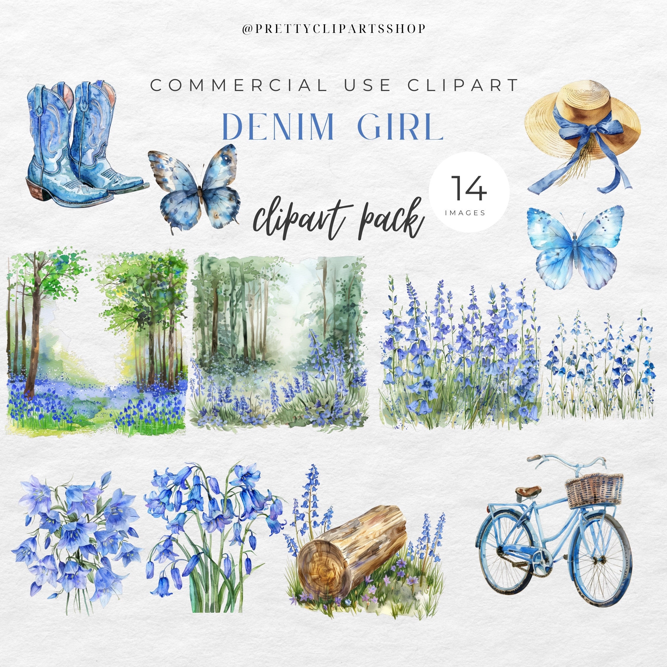 Denim Girl Watercolor Clipart, Bluebells Clipart, Commercial Use ...