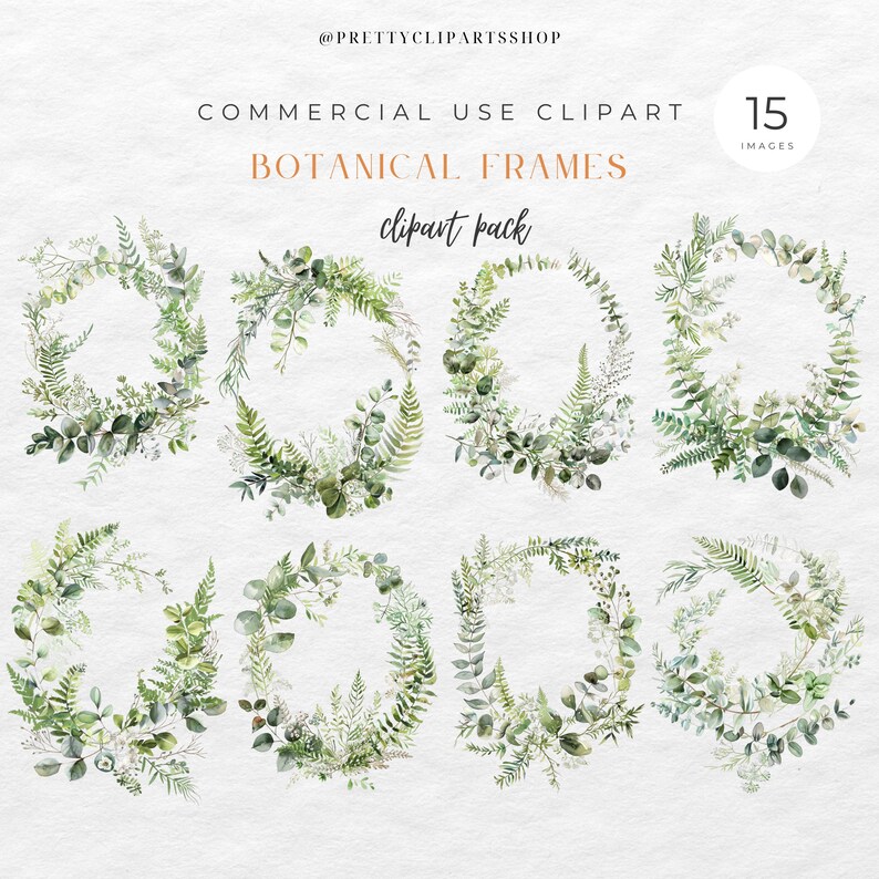 15 Watercolor Botanical Frame and Wreath PNG Cliparts for Commercial ...