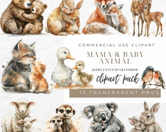 Watercolor Mama and Baby Animal Clipart, Mother's Day Clipart, Baby ...