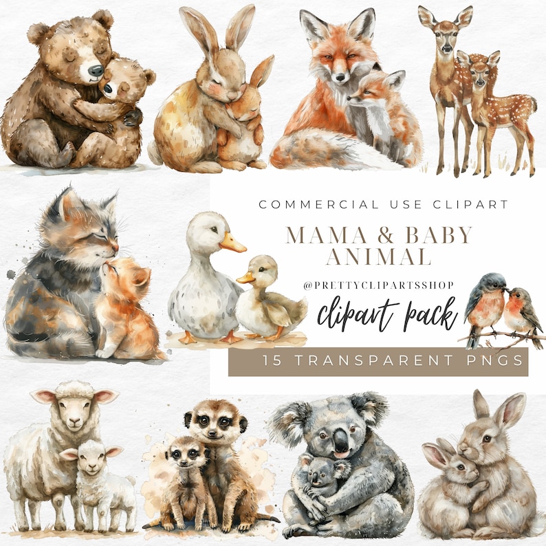 Watercolor Mama and Baby Animal Clipart: Woodland PNG (digital Download ...