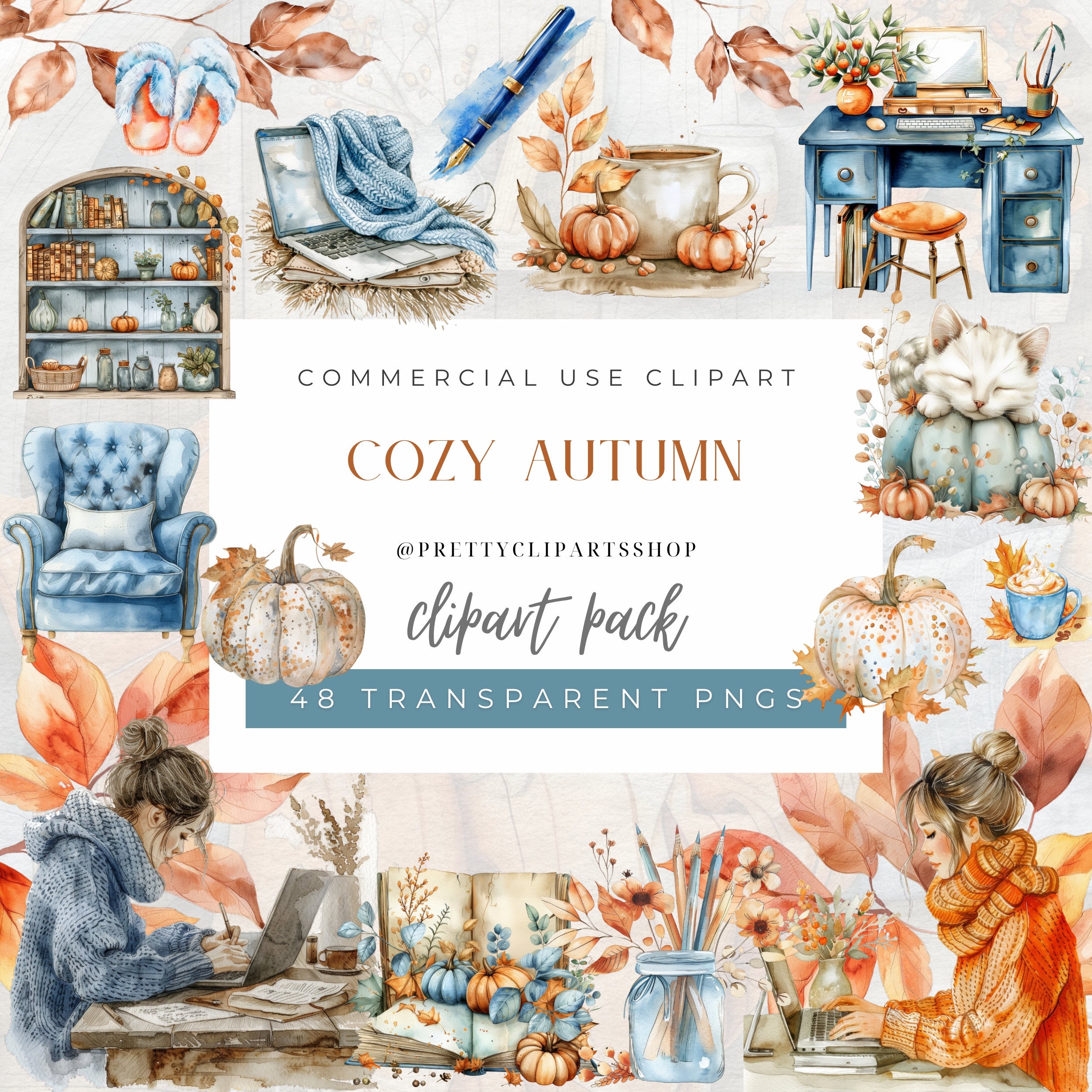 Watercolor Cozy Fall Clipart Bundle: Bookworm Autumn PNG (digital ...