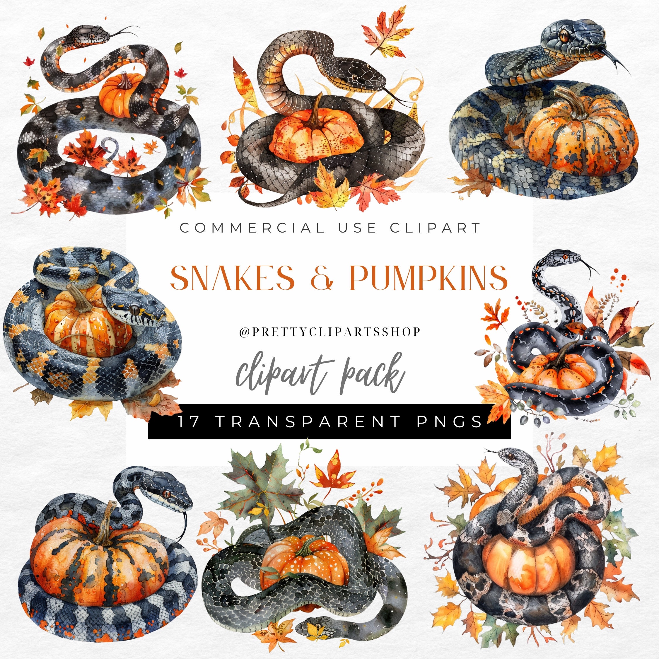 Watercolor Snakes and Pumpkins Clipart Set: Halloween Animal PNG ...