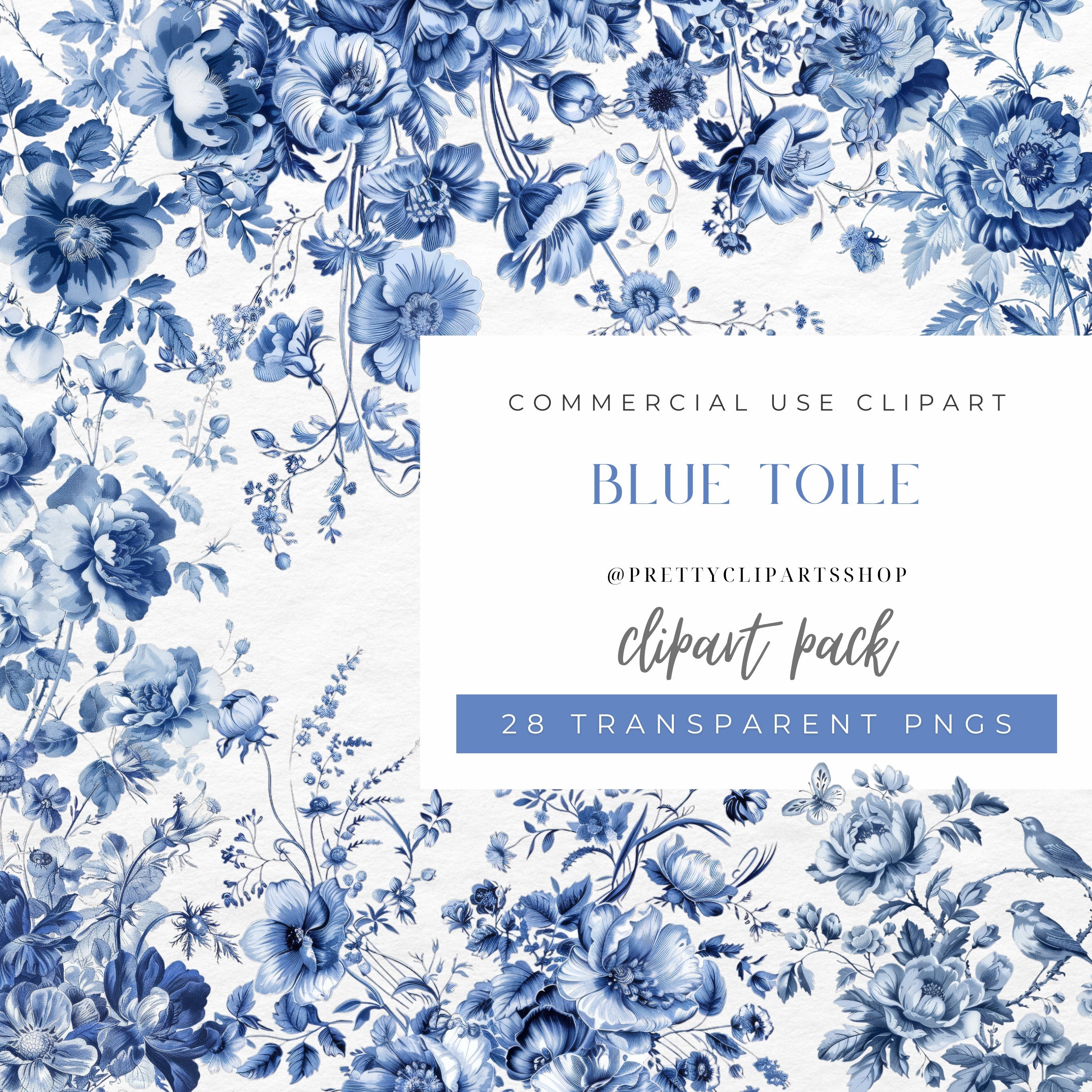 Blue Toile Clipart, Flower Wedding Invitation, Chinoiserie Floral, Blue ...