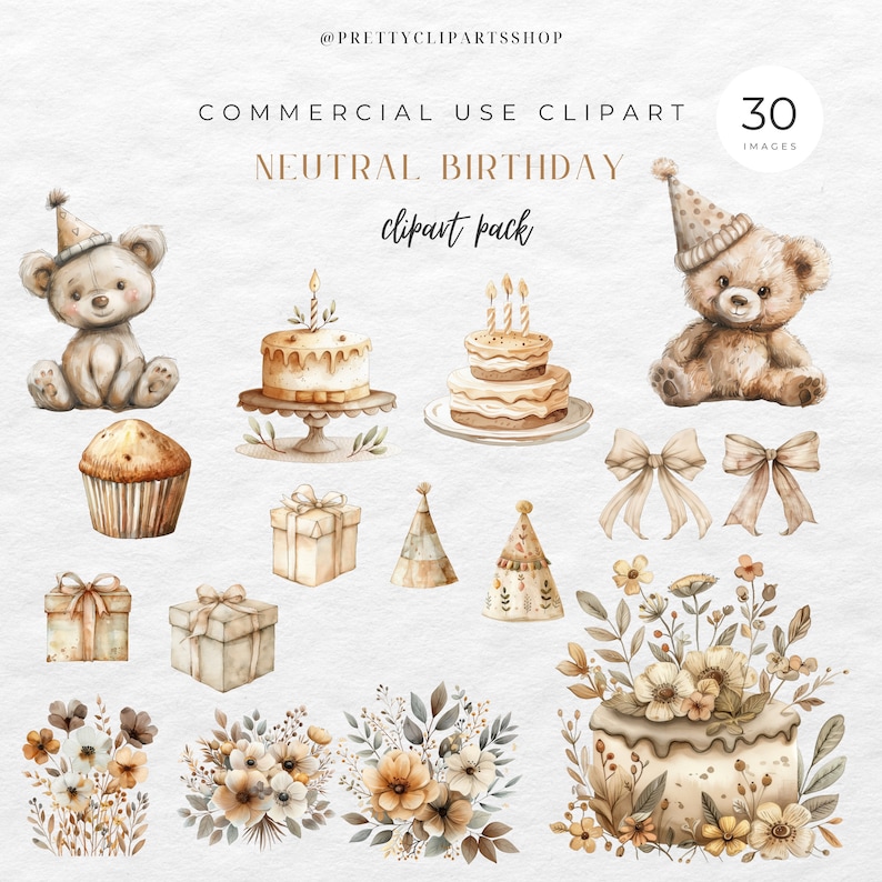 Neutral Birthday Watercolor Clipart: Bear, Balloons (digital Download ...